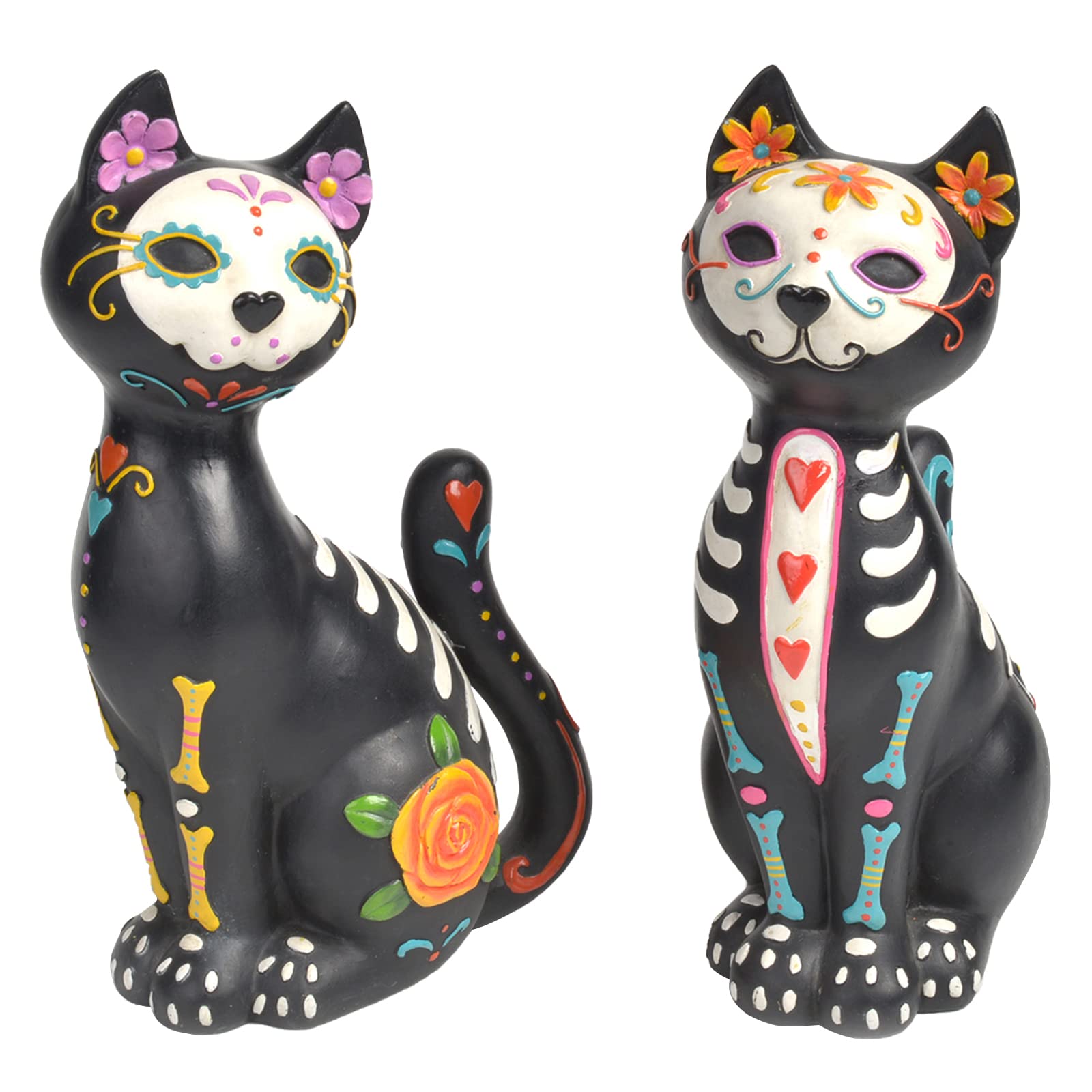 Newman House Studio Sugar-Skull Halloween-Decorations - Day-of Dead-Figurines Floral Cats Couple-Decor Dia de Los Muertos Black Kitten Collectibles Set of 2, 6.3L x 4.0W x 10.2H inch