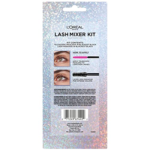 L'Oreal Paris Makeup Voluminous Lash Paradise Mascara for Eyelash Volume and L'Oreal Telescopic Mascara for Lengthening Lashes, Blackest Black, 1 Count of Each