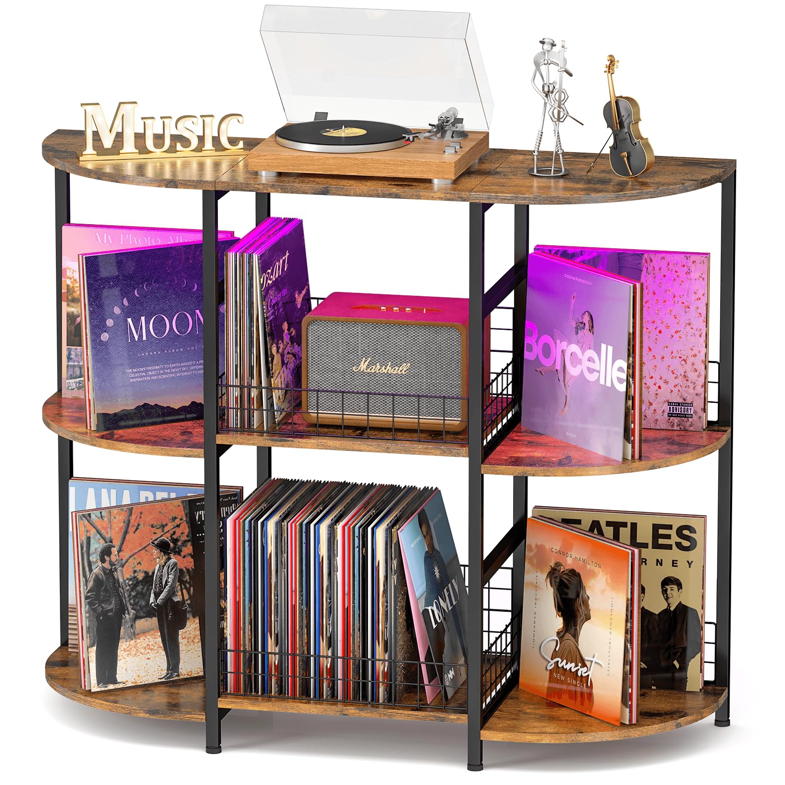 ThreeHio Large Vinyl Record Storage Cabinet with LED Light, Record Player Stand with Vinyl Storage Holds up to 350+ Albums, Wooden Record Player Table, Turntable Stand for Record Storage and Display