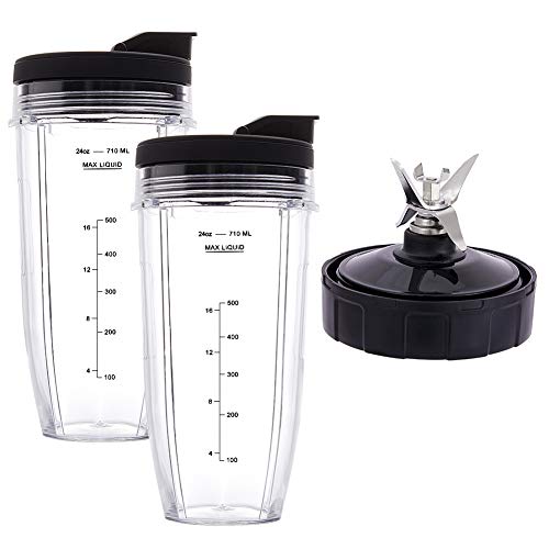 Revorit Blender Replacement Parts for Ninja, 2 24oz Cups with To-Go Lids, 7 Fins Extractor Blade, for Nutri Ninja Auto iQ BN801 BL480-30 BL640-30 BL642-30 NN100-30 BL2012 (2 Pack)