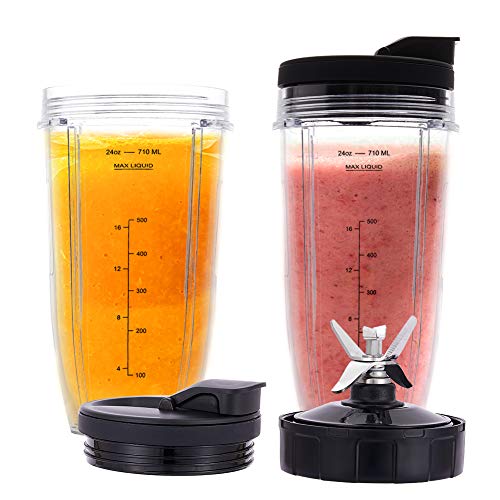Revorit Blender Replacement Parts for Ninja, 2 24oz Cups with To-Go Lids, 7 Fins Extractor Blade, for Nutri Ninja Auto iQ BN801 BL480-30 BL640-30 BL642-30 NN100-30 BL2012 (2 Pack)