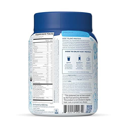 KOS Plant Based Protein Powder, No Erythritol, Blueberry Muffin - Organic Pea Protein Blend, Superfood with Spirulina & Immune Support Blend - Dairy Free, Meal Replacement for Women & Men, 15 Servings