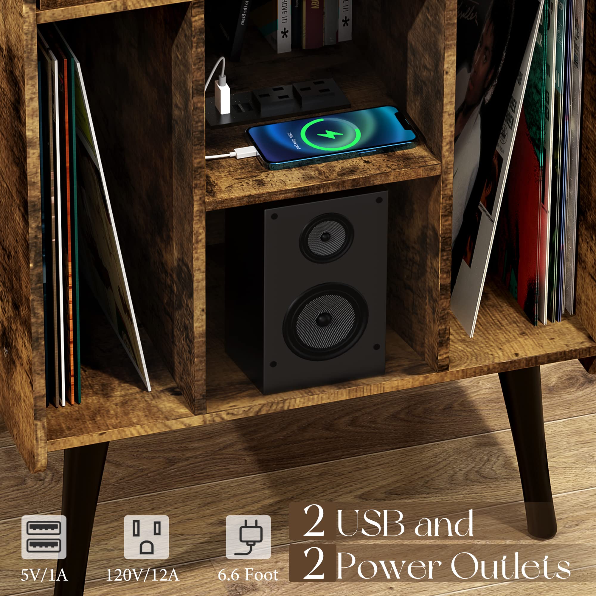 Sengroce Record Player Stand with Record Storage, Charging Station & USB Ports, Turntable Table with Drawer, Up to 165 Albums for Living Room, Bedroom