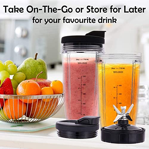 Revorit Blender Replacement Parts for Ninja, 2 24oz Cups with To-Go Lids, 7 Fins Extractor Blade, for Nutri Ninja Auto iQ BN801 BL480-30 BL640-30 BL642-30 NN100-30 BL2012 (2 Pack)