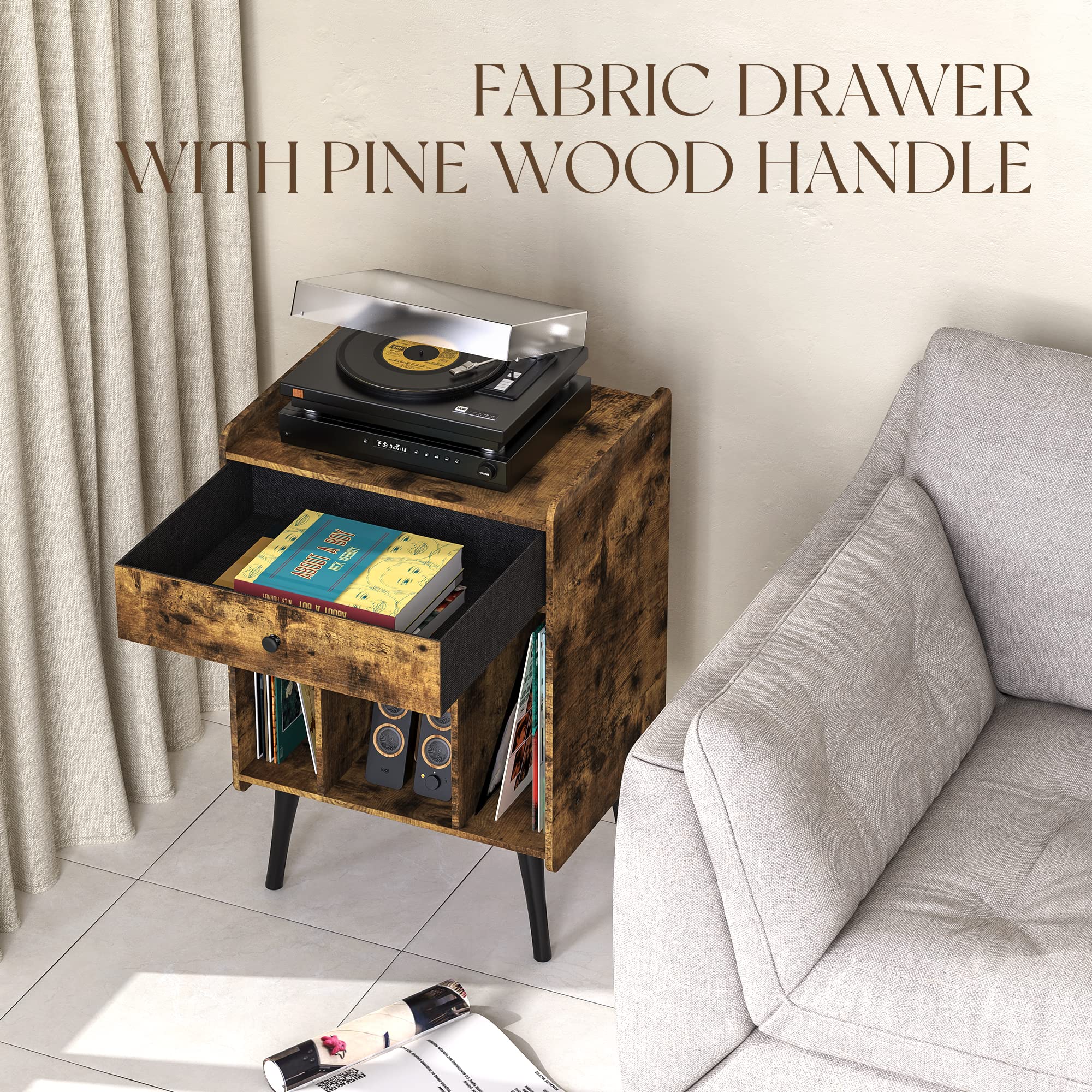 Sengroce Record Player Stand with Record Storage, Charging Station & USB Ports, Turntable Table with Drawer, Up to 165 Albums for Living Room, Bedroom