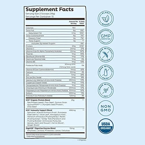 KOS Plant Based Protein Powder, No Erythritol, Blueberry Muffin - Organic Pea Protein Blend, Superfood with Spirulina & Immune Support Blend - Dairy Free, Meal Replacement for Women & Men, 15 Servings