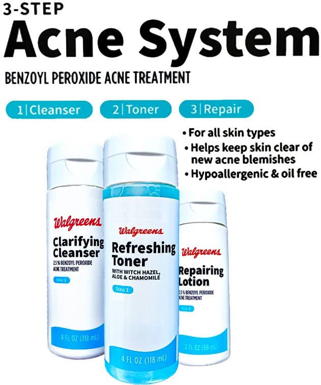 Walgreens Complete Acne Treatment Kit- 3 Simple Step Acne Kit - Benzoyl Peroxide Based Cleanser, Refreshing Toner, & Spot Treatment Repairing Lotion, 1.0 Fl Oz