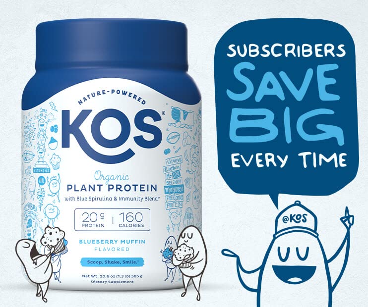 KOS Plant Based Protein Powder, No Erythritol, Blueberry Muffin - Organic Pea Protein Blend, Superfood with Spirulina & Immune Support Blend - Dairy Free, Meal Replacement for Women & Men, 15 Servings