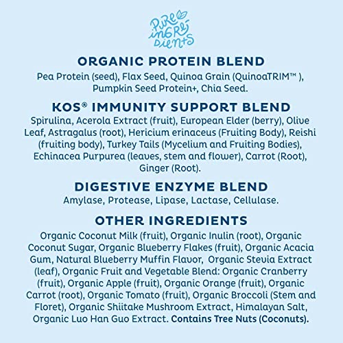 KOS Plant Based Protein Powder, No Erythritol, Blueberry Muffin - Organic Pea Protein Blend, Superfood with Spirulina & Immune Support Blend - Dairy Free, Meal Replacement for Women & Men, 15 Servings