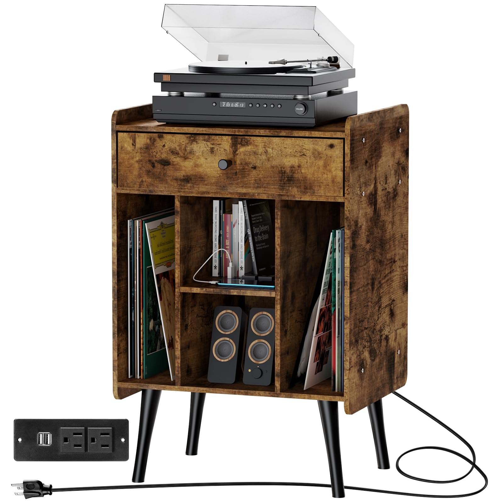 Sengroce Record Player Stand with Record Storage, Charging Station & USB Ports, Turntable Table with Drawer, Up to 165 Albums for Living Room, Bedroom