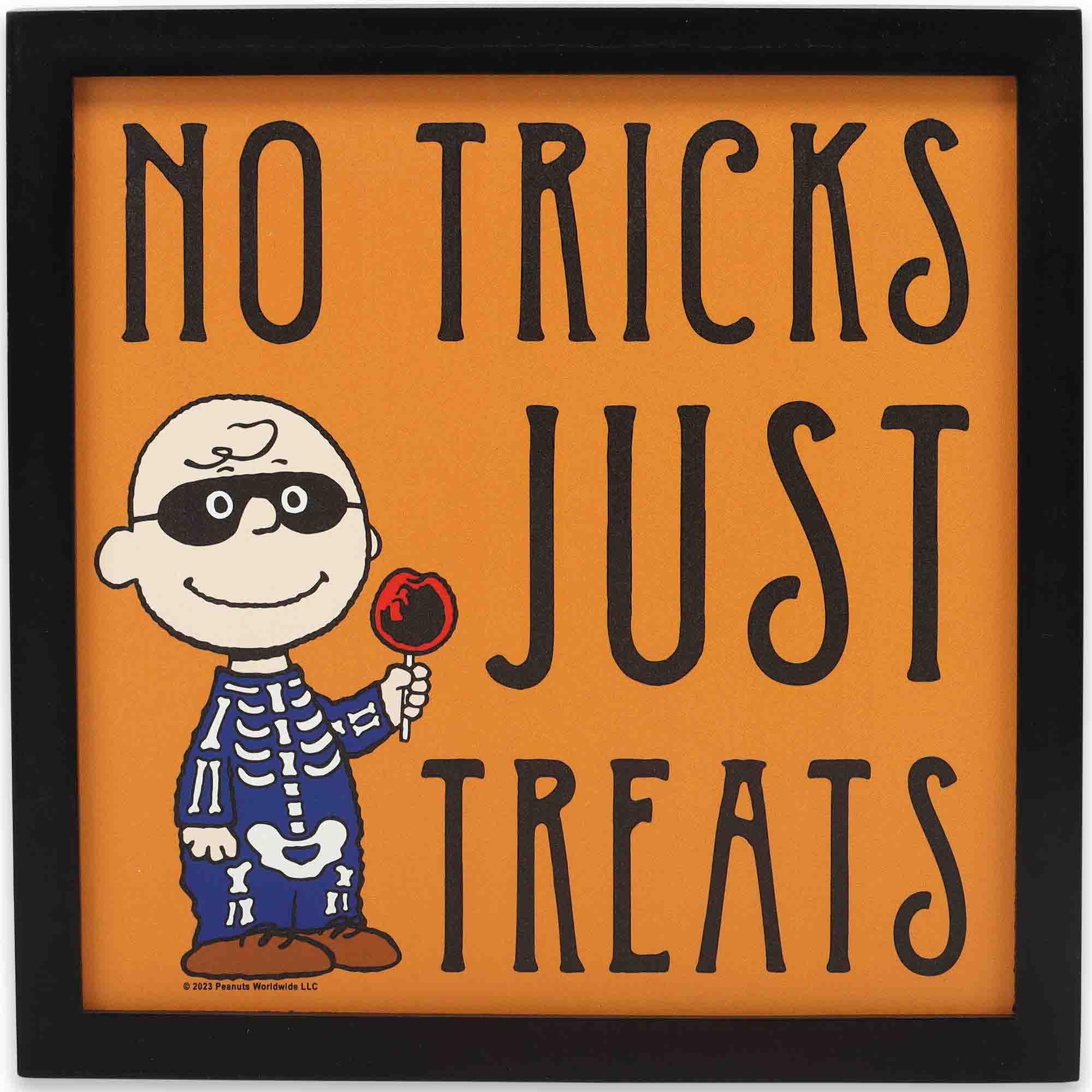 Peanuts Charlie Brown No Tricks Just Treats Framed Wood Wall Decor - Fun Charlie Brown Halloween Picture for Home