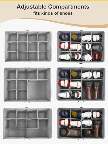 Large Shoe Organizer for Closet (L22in x W17in x H13in)- Adjustable Shoe Storage Bins, Fits 12 Pairs Different Sized Shoes, Foldable Shoe Box Storage Containers with Clear Cover-Shoes Holder, Gray