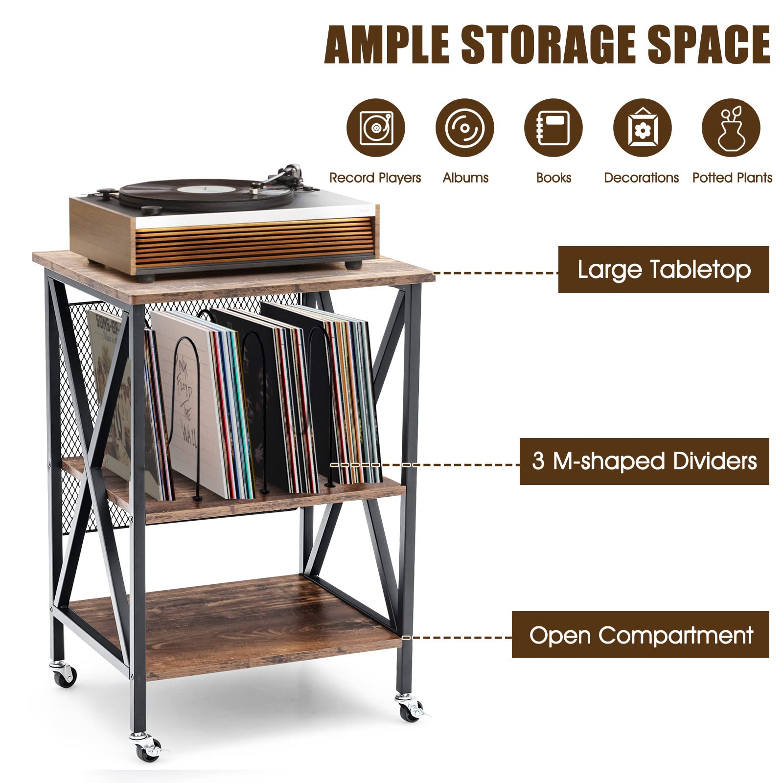 GOFLAME Record Player Stand, 3-Tier Rolling Vinyl Record Storage Holder Stand with 3 Dividers, Turntable Stand with Universal Wheels and Lockable Casters for Living Room, Bedroom, Office, Brown