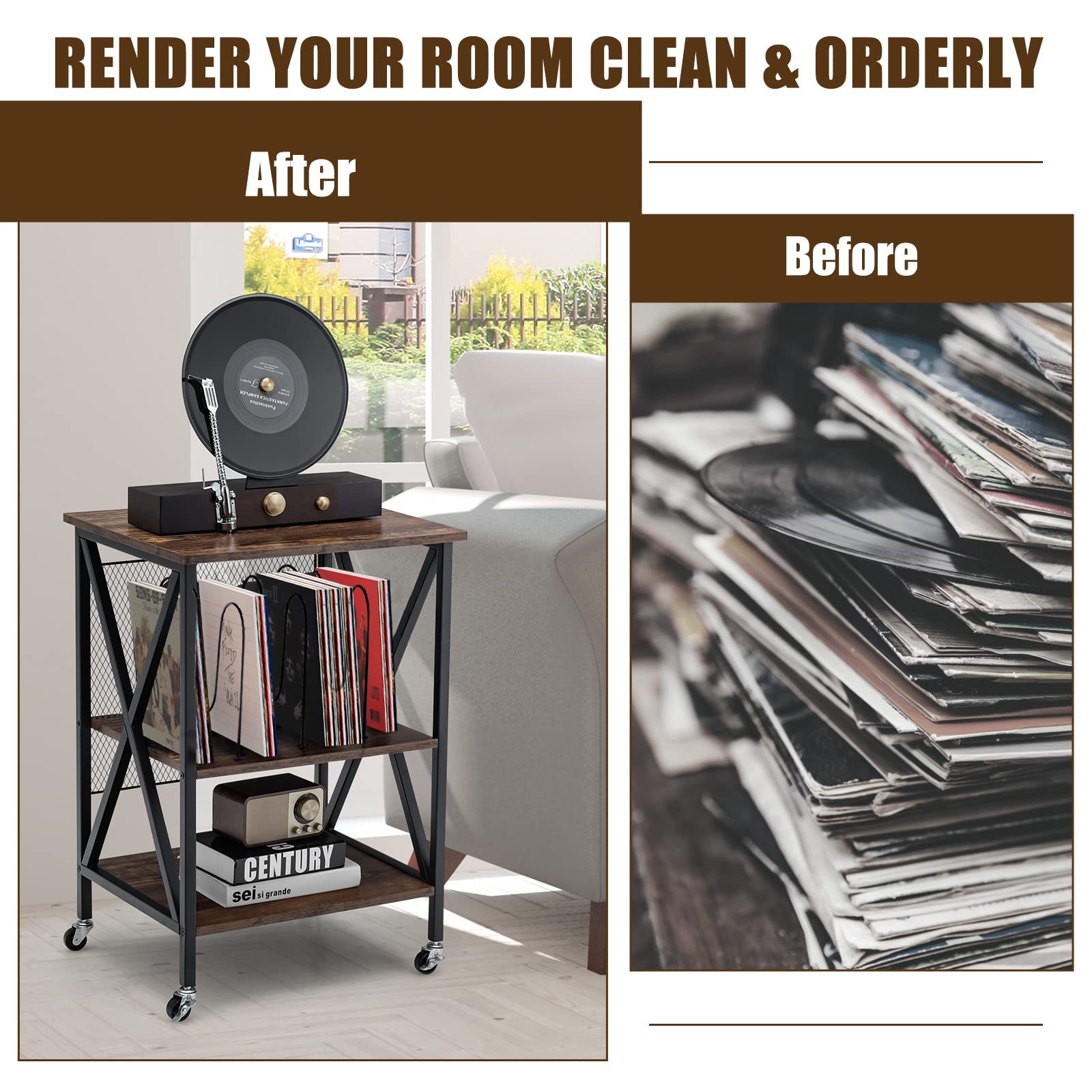 GOFLAME Record Player Stand, 3-Tier Rolling Vinyl Record Storage Holder Stand with 3 Dividers, Turntable Stand with Universal Wheels and Lockable Casters for Living Room, Bedroom, Office, Brown