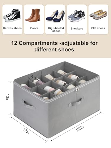 Large Shoe Organizer for Closet (L22in x W17in x H13in)- Adjustable Shoe Storage Bins, Fits 12 Pairs Different Sized Shoes, Foldable Shoe Box Storage Containers with Clear Cover-Shoes Holder, Gray