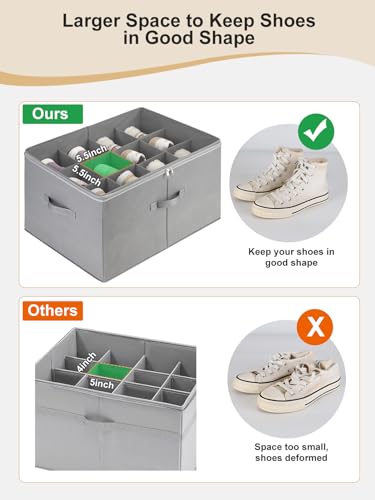 Large Shoe Organizer for Closet (L22in x W17in x H13in)- Adjustable Shoe Storage Bins, Fits 12 Pairs Different Sized Shoes, Foldable Shoe Box Storage Containers with Clear Cover-Shoes Holder, Gray