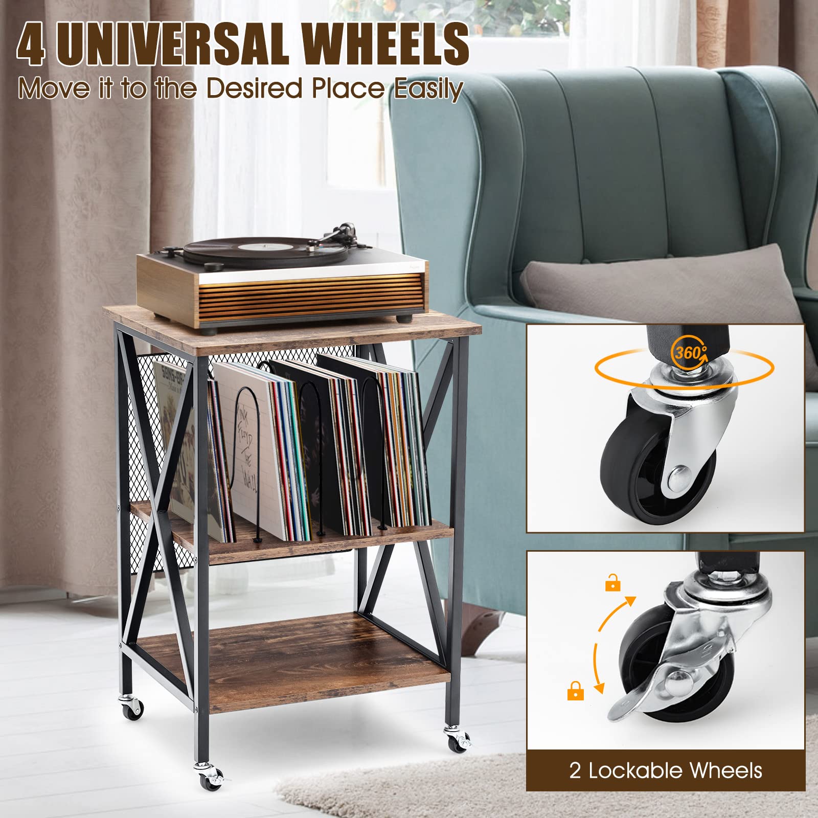 GOFLAME Record Player Stand, 3-Tier Rolling Vinyl Record Storage Holder Stand with 3 Dividers, Turntable Stand with Universal Wheels and Lockable Casters for Living Room, Bedroom, Office, Brown