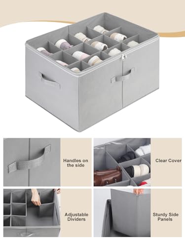 Large Shoe Organizer for Closet (L22in x W17in x H13in)- Adjustable Shoe Storage Bins, Fits 12 Pairs Different Sized Shoes, Foldable Shoe Box Storage Containers with Clear Cover-Shoes Holder, Gray
