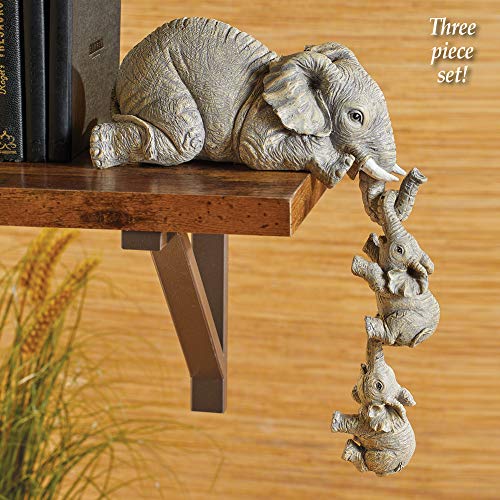 Collections Etc Elephant Sitter Hand-Painted Figurines - Set of 3, Mother and Two Babies Hanging Off The Edge of a Shelf or Table