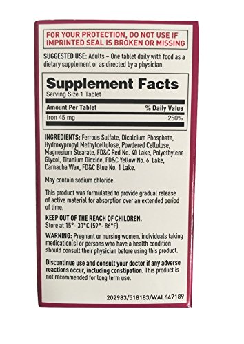 Walgreens Iron Slow Release High Potency Ferrous Sulfate 45mg, Tablets, 120 ea