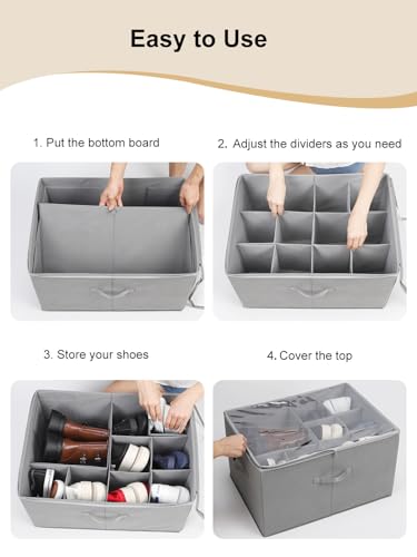 Large Shoe Organizer for Closet (L22in x W17in x H13in)- Adjustable Shoe Storage Bins, Fits 12 Pairs Different Sized Shoes, Foldable Shoe Box Storage Containers with Clear Cover-Shoes Holder, Gray
