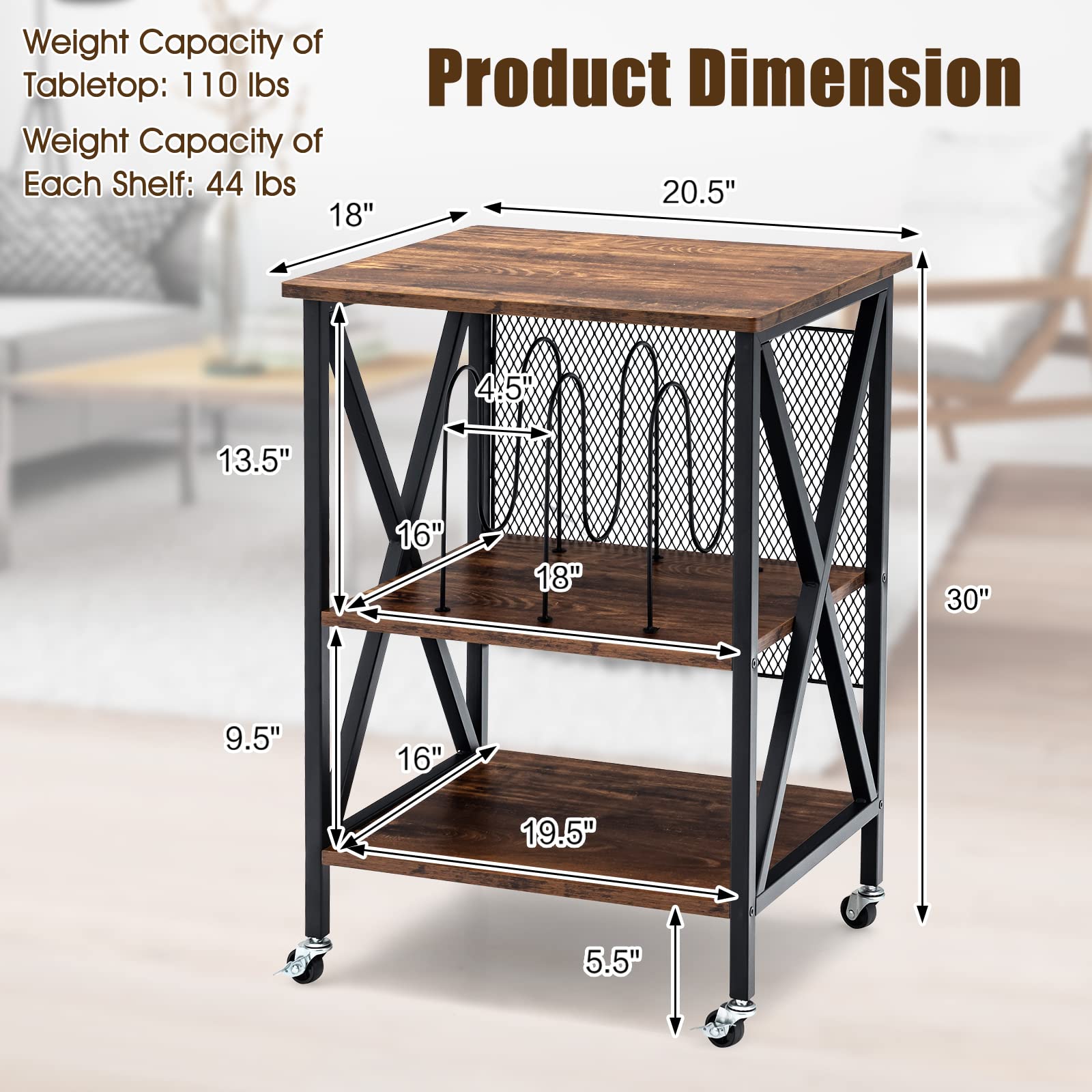 GOFLAME Record Player Stand, 3-Tier Rolling Vinyl Record Storage Holder Stand with 3 Dividers, Turntable Stand with Universal Wheels and Lockable Casters for Living Room, Bedroom, Office, Brown