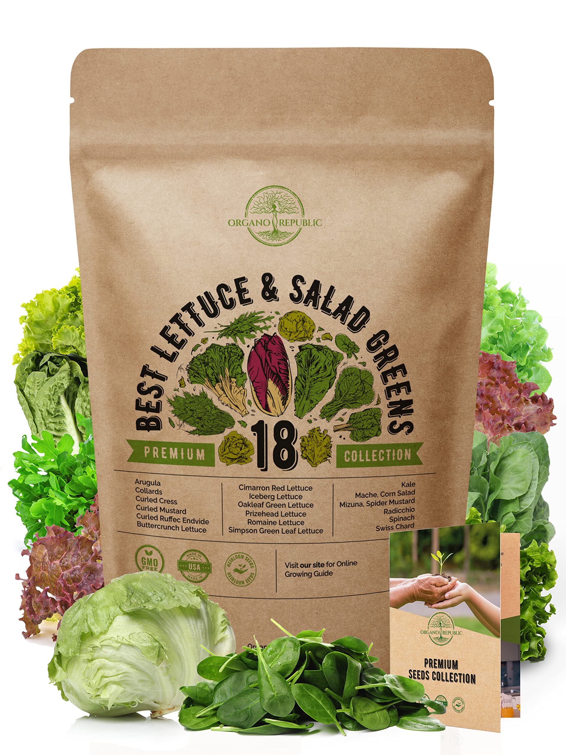 Organo Republic 18 Lettuce & Salad Greens Seeds Variety Pack 9200+ Non-GMO Heirloom Lettuce Seeds for Indoors & Outdoors Garden, Hydroponics, Aerogarden - Arugula, Kale, Spinach, Swiss Chard, Lettuce