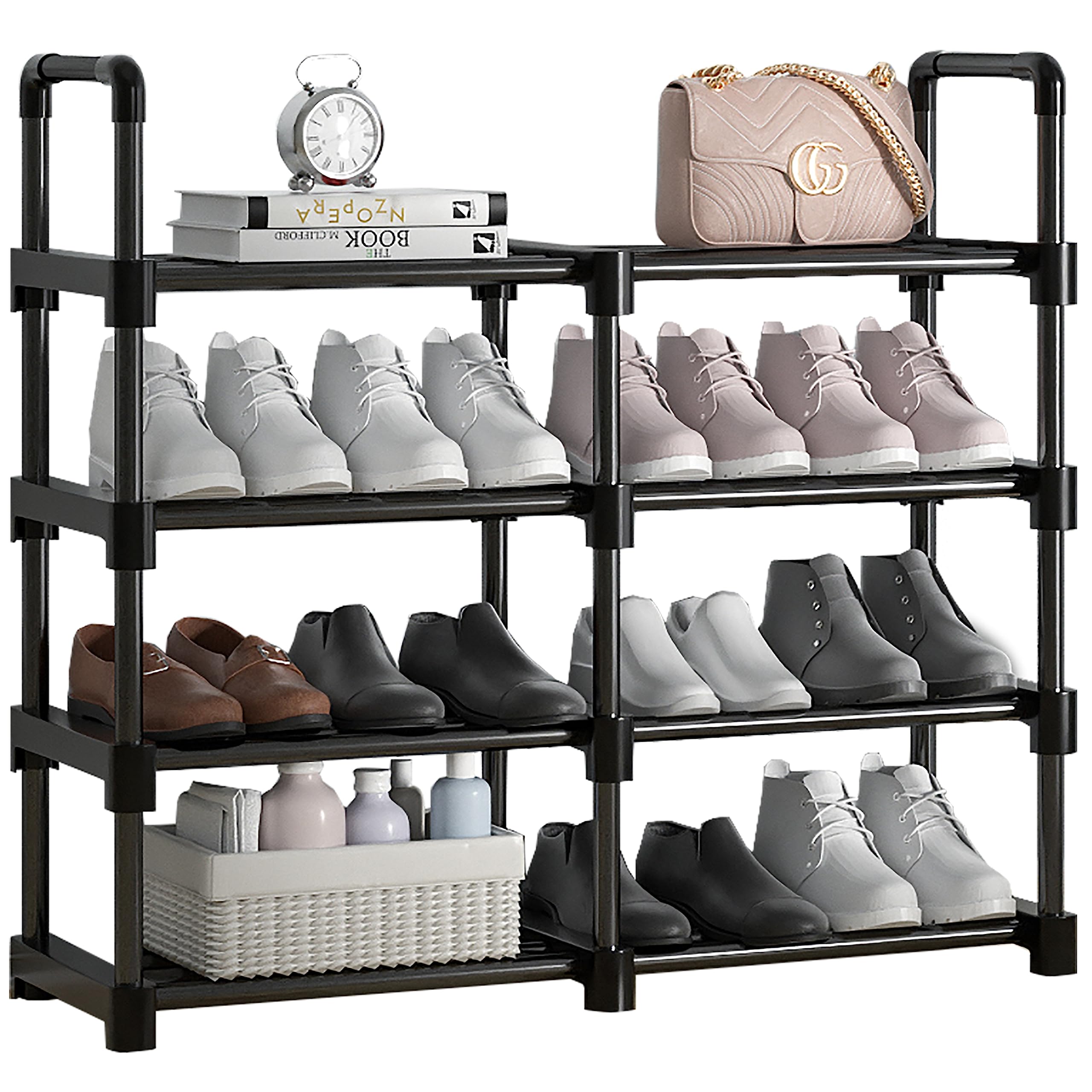 RightTech 4-Tier Shoe Rack, 90CM Long Adjustable & Stackable Metal Shoe Shelf Storage Organizer, Heavy Duty Metal Free Standing Shoe Rack for Entryway Closet Doorway, Black