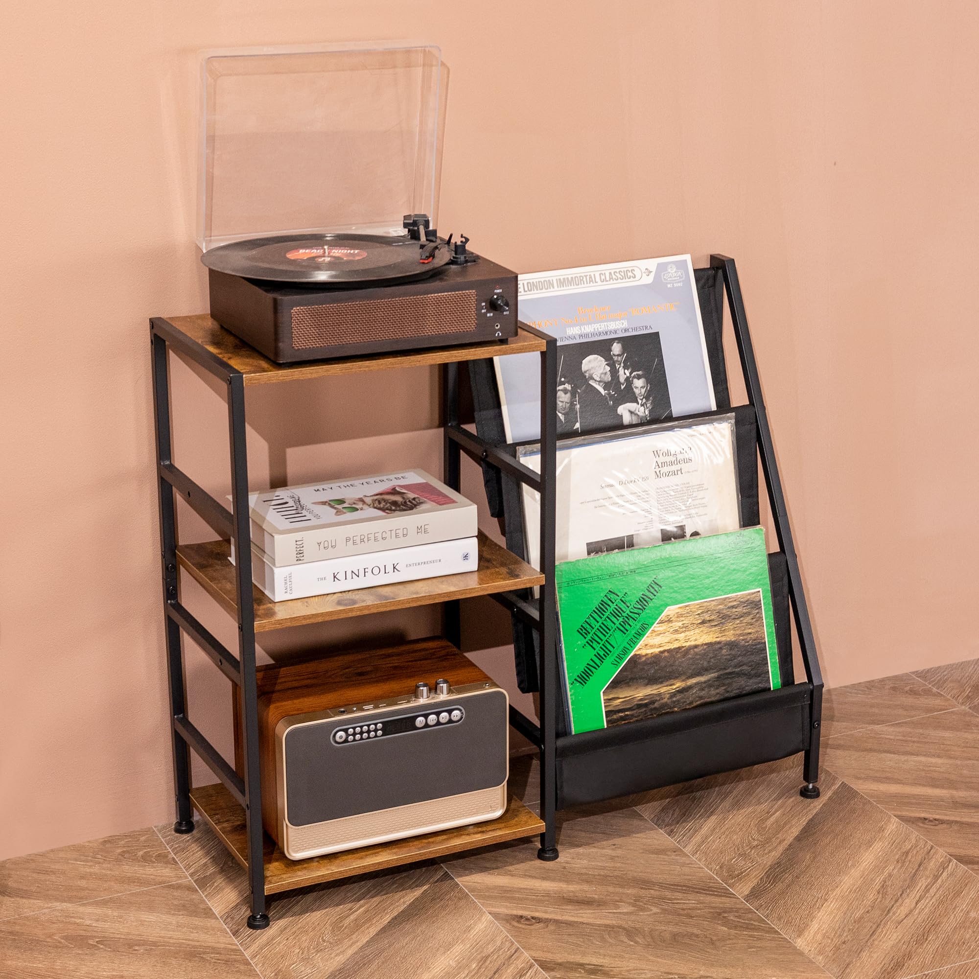 Zekeoney Record Player Stand Turntable Stand with 3-Tier Vinyl Record Storage, Vinyl Holder Display Shelf Holds Up to 200 Albums, Vinyl Record Holder Cabinet for Living Room, Bedroom