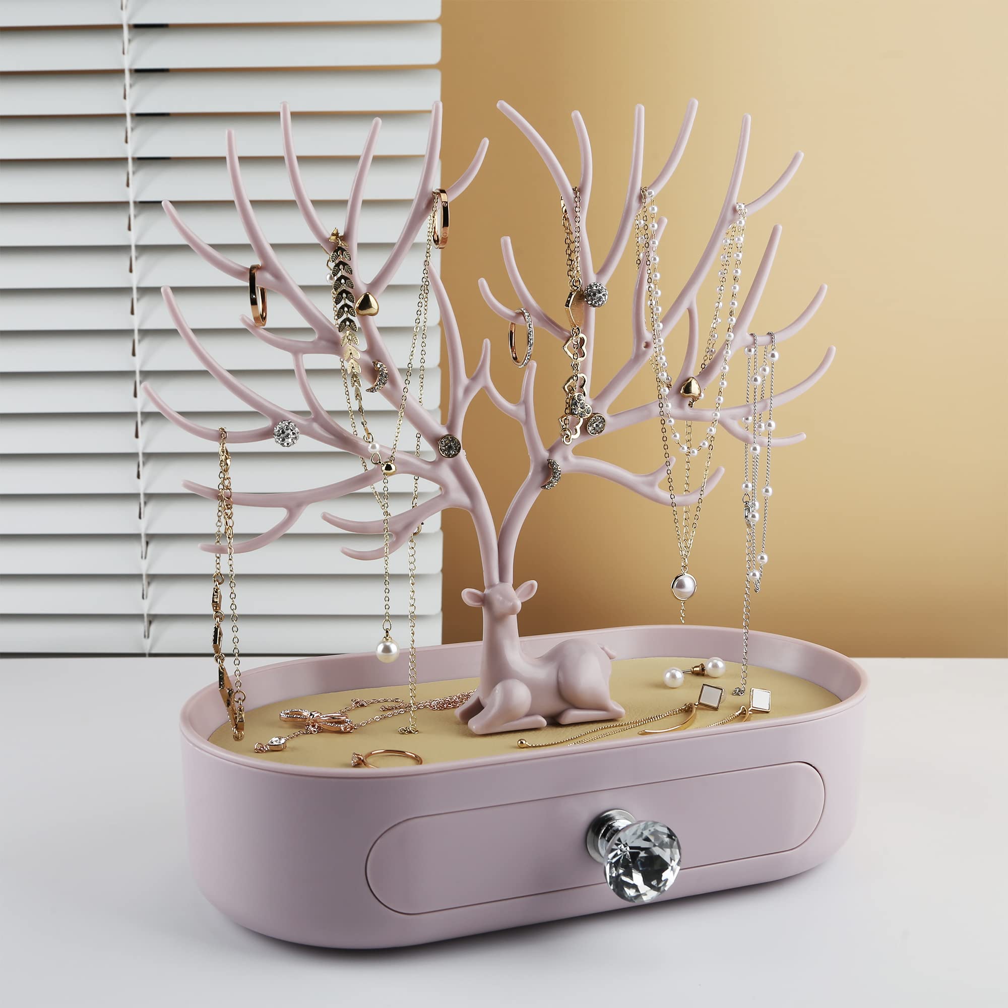 MORE&LESS Antlers Jewelry Display Stand with Drawer and Crystal Handle, Tree Tower Rack Hanging Organizer for Ring Earrings Necklace Bracelet