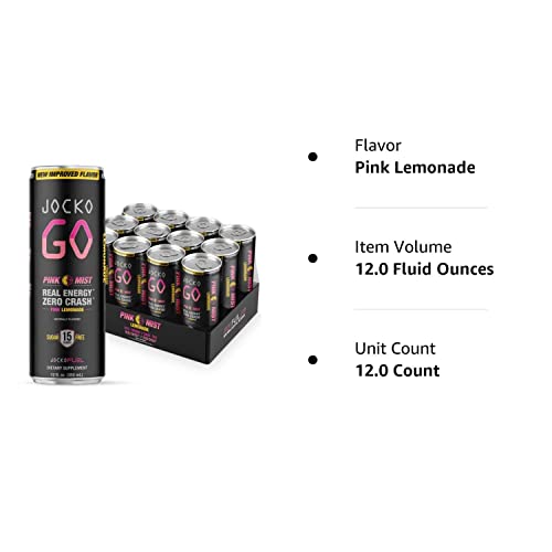 Jocko GO Energy Drinks Sugar Free - KETO, Vitamin B12, Vitamin B6, Nootropic - Sugar Free Energy Drinks w/ Monk Fruit (Pink Lemonade Pink Mist) 12pk