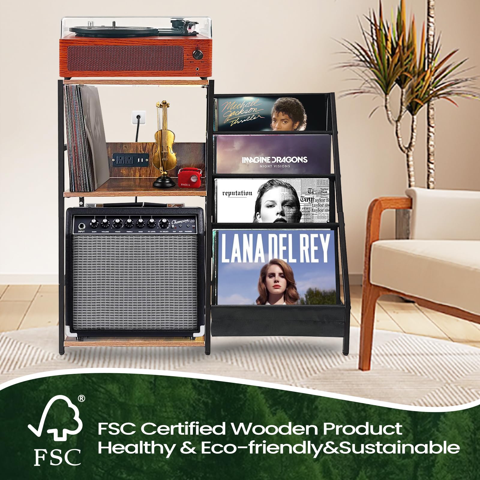 WEGOODLDER 3-Tier Vinyl Record Storage Stand with Built-in USB Ports and Power Outlets, Brown