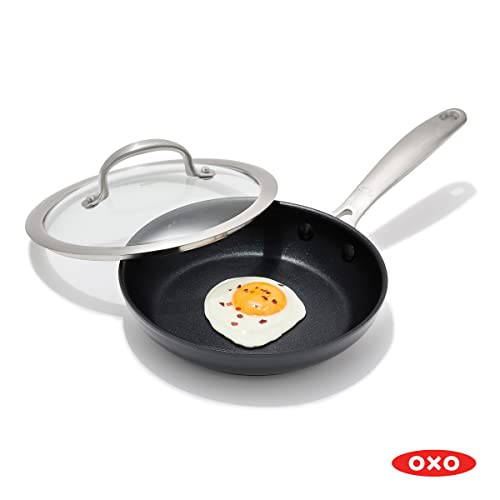 OXO Good Grips Pro 8" Fry Pan Skillet with Lid, 3-Layered German Engineered Nonstick Coating, Dishwasher Safe, Oven & Broiler Safe, Stainless-Steel Handle, Black