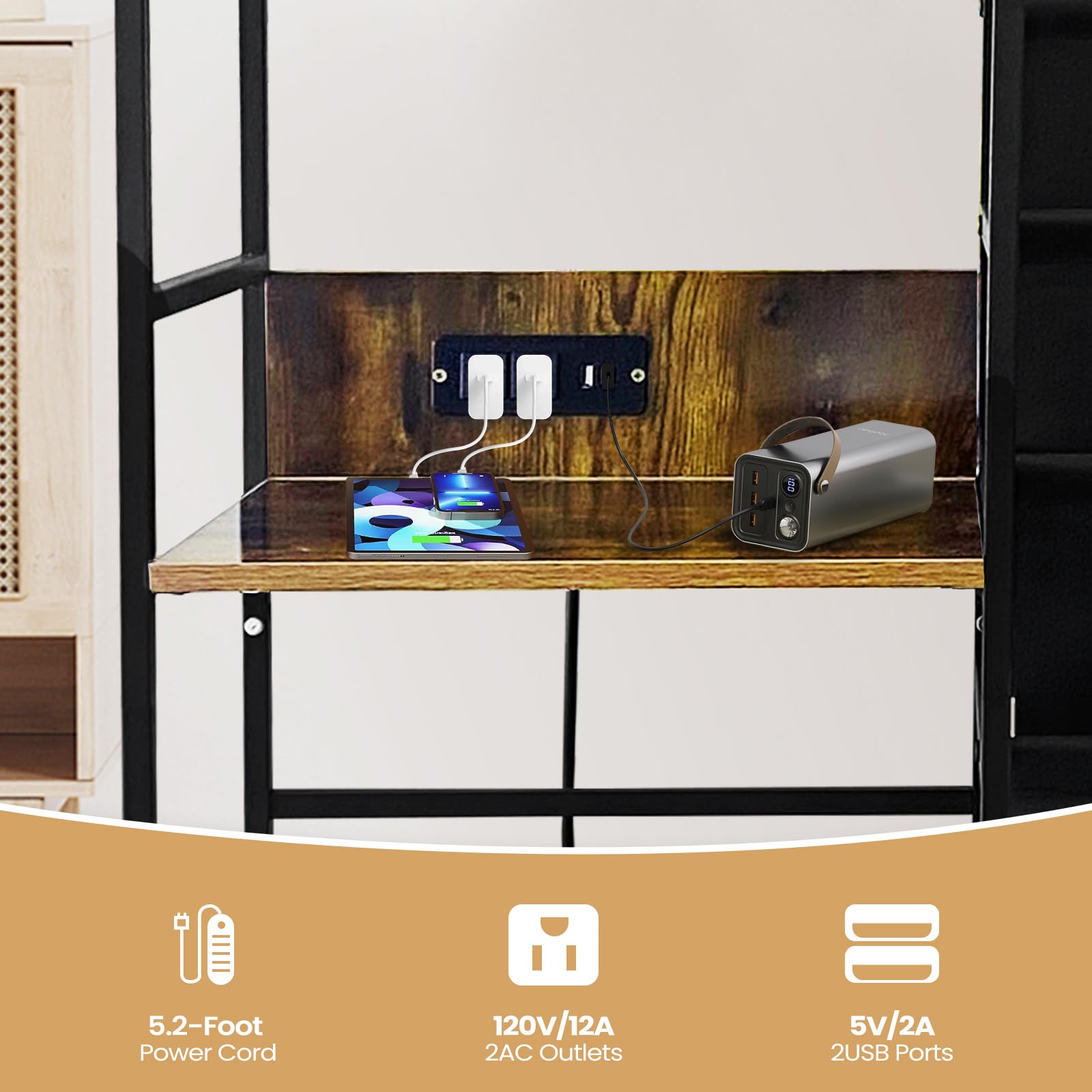 WEGOODLDER 3-Tier Vinyl Record Storage Stand with Built-in USB Ports and Power Outlets, Brown