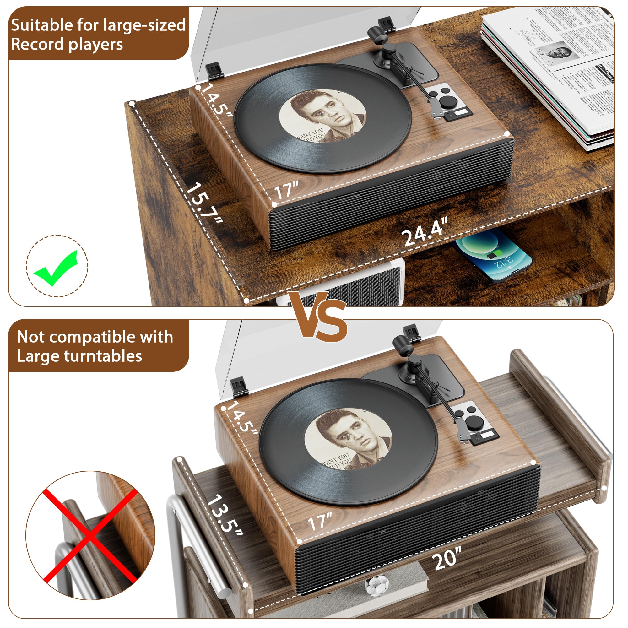 miadore Record Player Stand, Vinyl Records Storage Cabinet Display Shelf with Power Outlet, Turntable Stand Mid-Century Record Player Table with Wood Legs for Living Room,Bedroom,Office