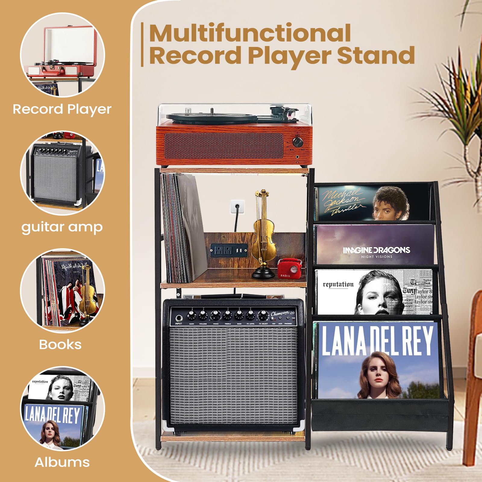 WEGOODLDER 3-Tier Vinyl Record Storage Stand with Built-in USB Ports and Power Outlets, Brown