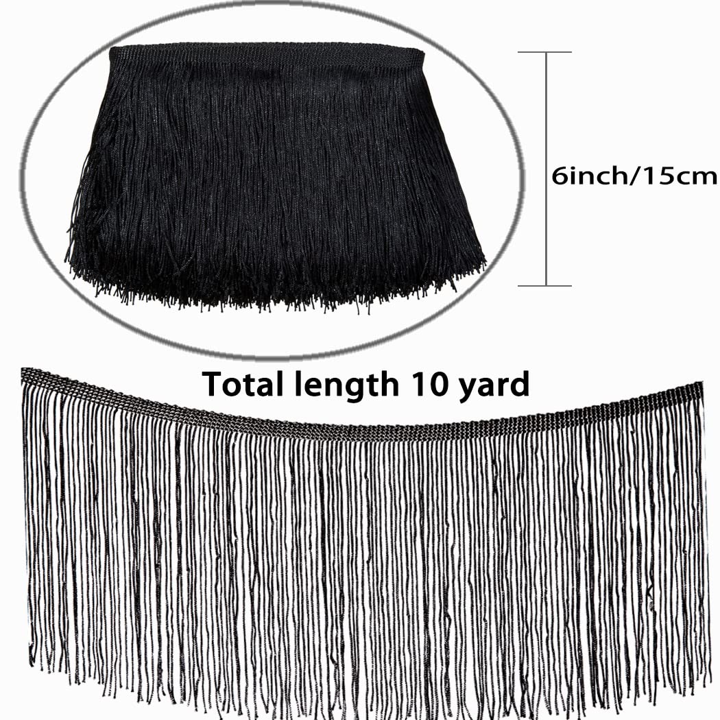 Nonmol Black Fringe Trim Tassel Sewing Trim 6Inch Width 10 Yards Long for Clothes Accessories Latin Wedding Dress DIY Lamp Shade Decoration (Black)