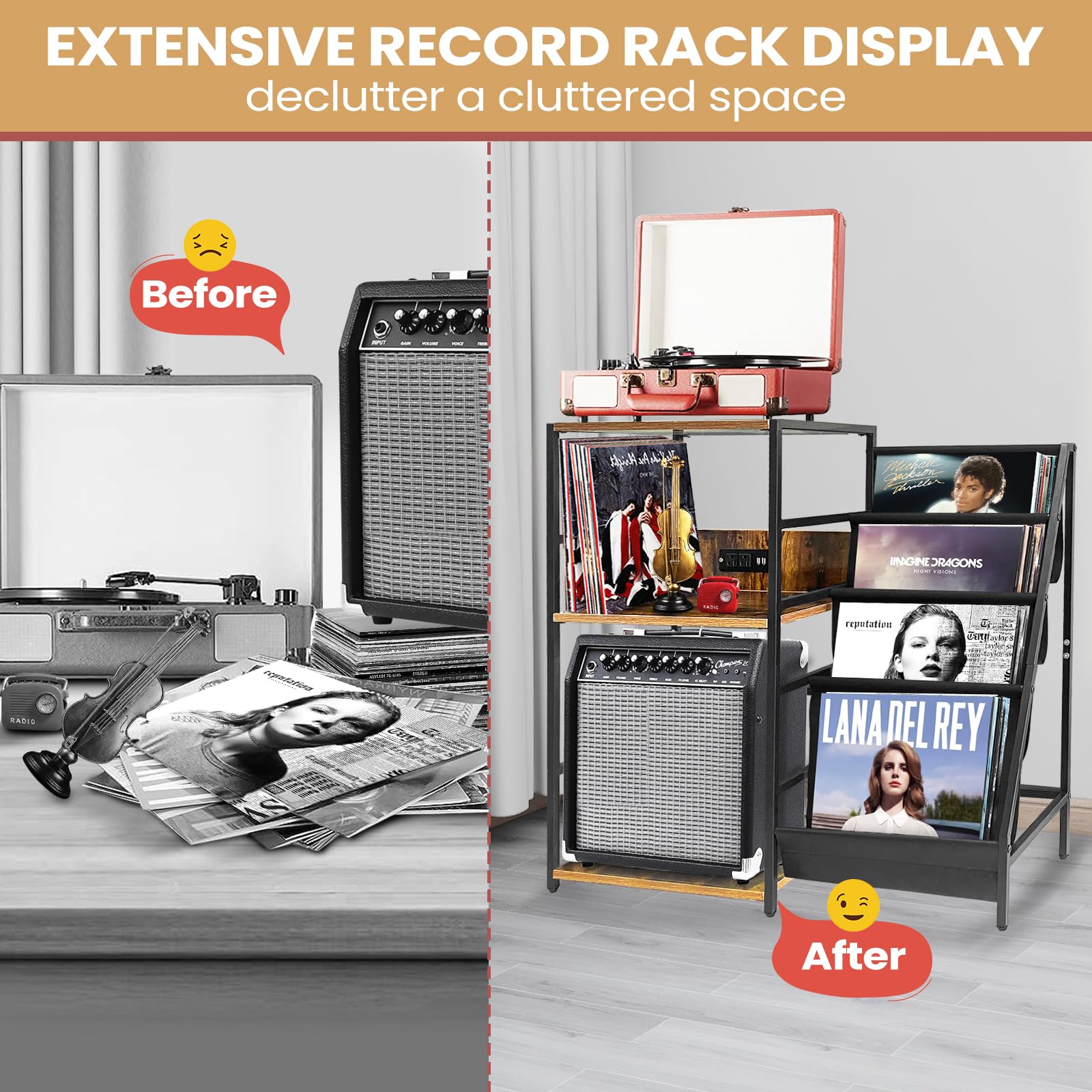 WEGOODLDER 3-Tier Vinyl Record Storage Stand with Built-in USB Ports and Power Outlets, Brown