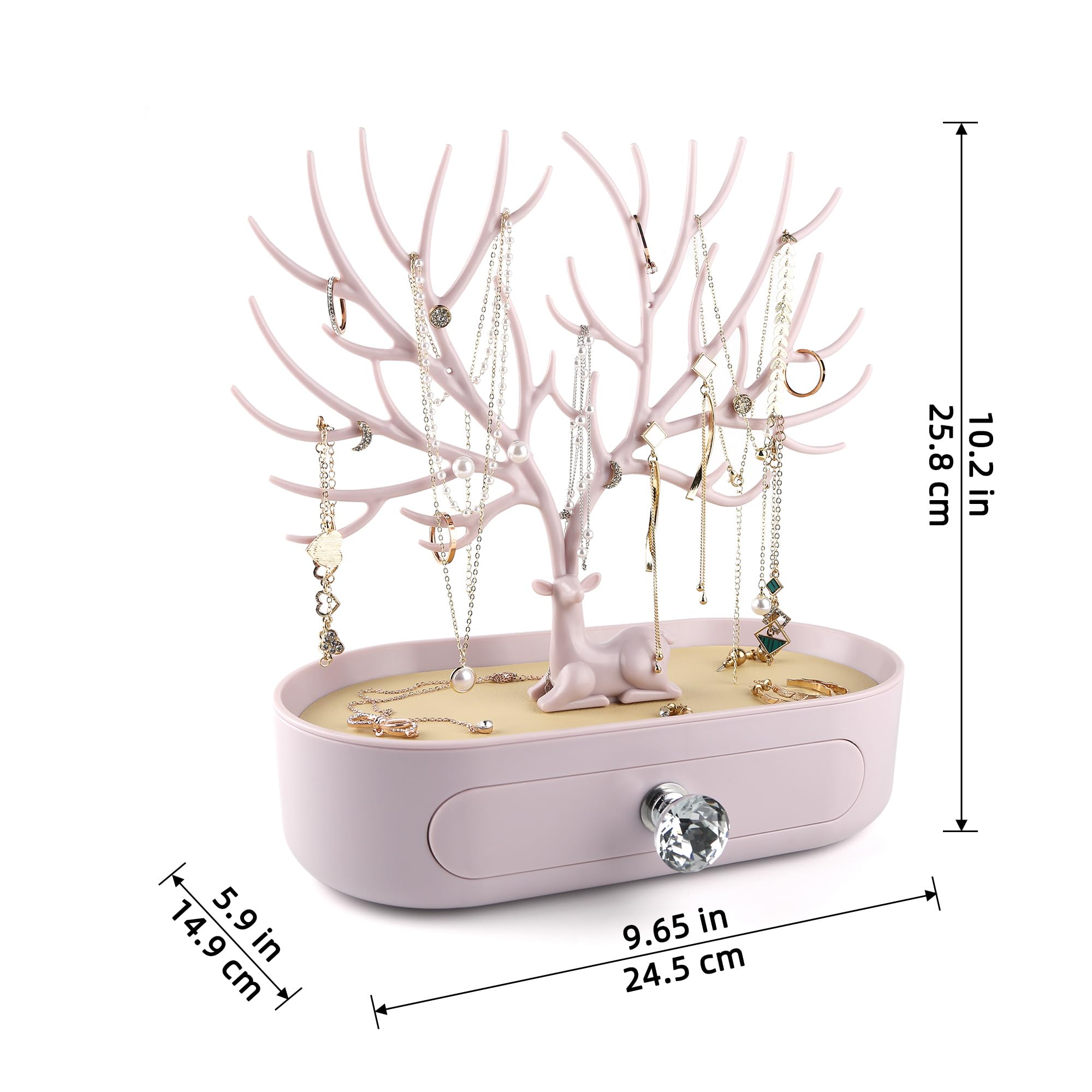 MORE&LESS Antlers Jewelry Display Stand with Drawer and Crystal Handle, Tree Tower Rack Hanging Organizer for Ring Earrings Necklace Bracelet