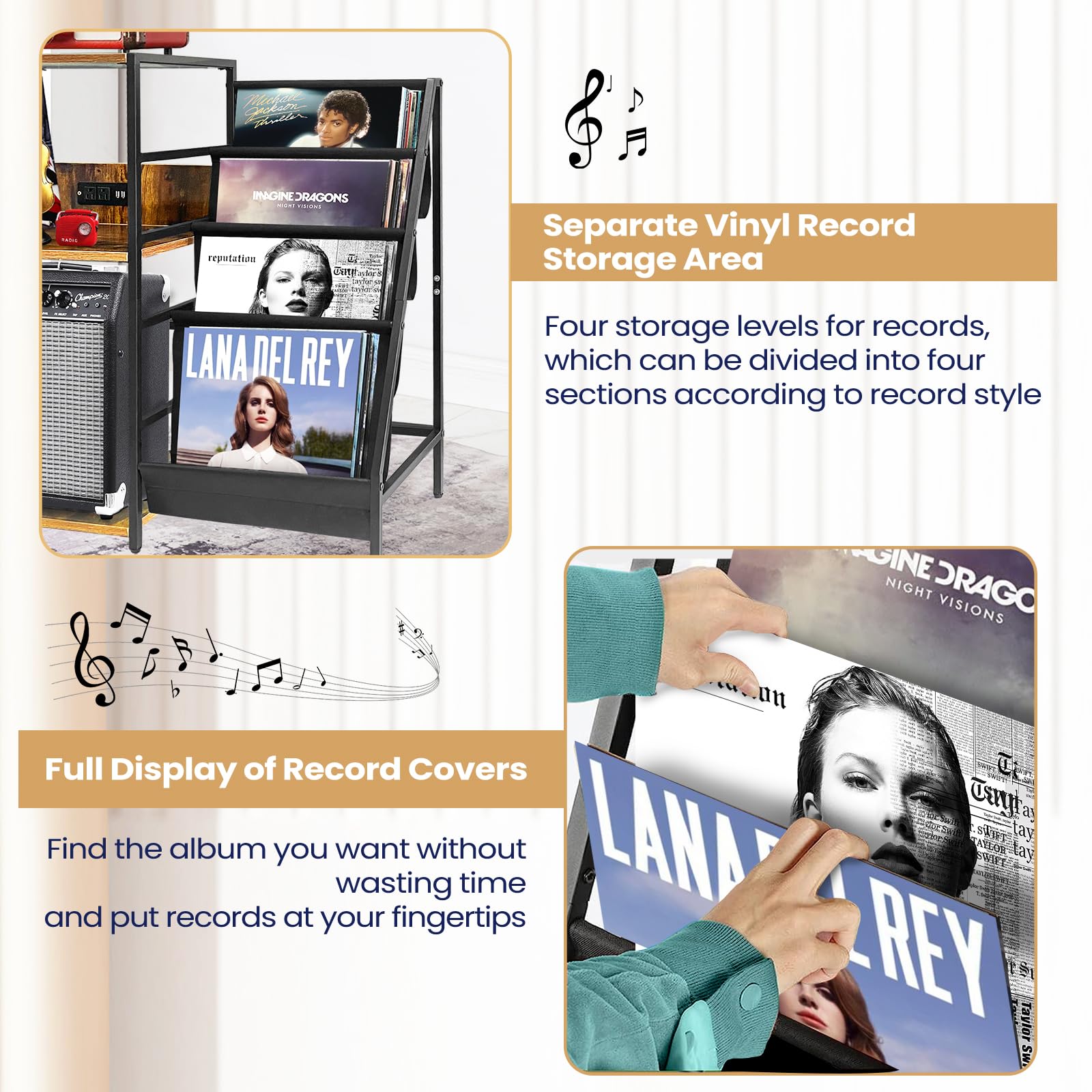 WEGOODLDER 3-Tier Vinyl Record Storage Stand with Built-in USB Ports and Power Outlets, Brown