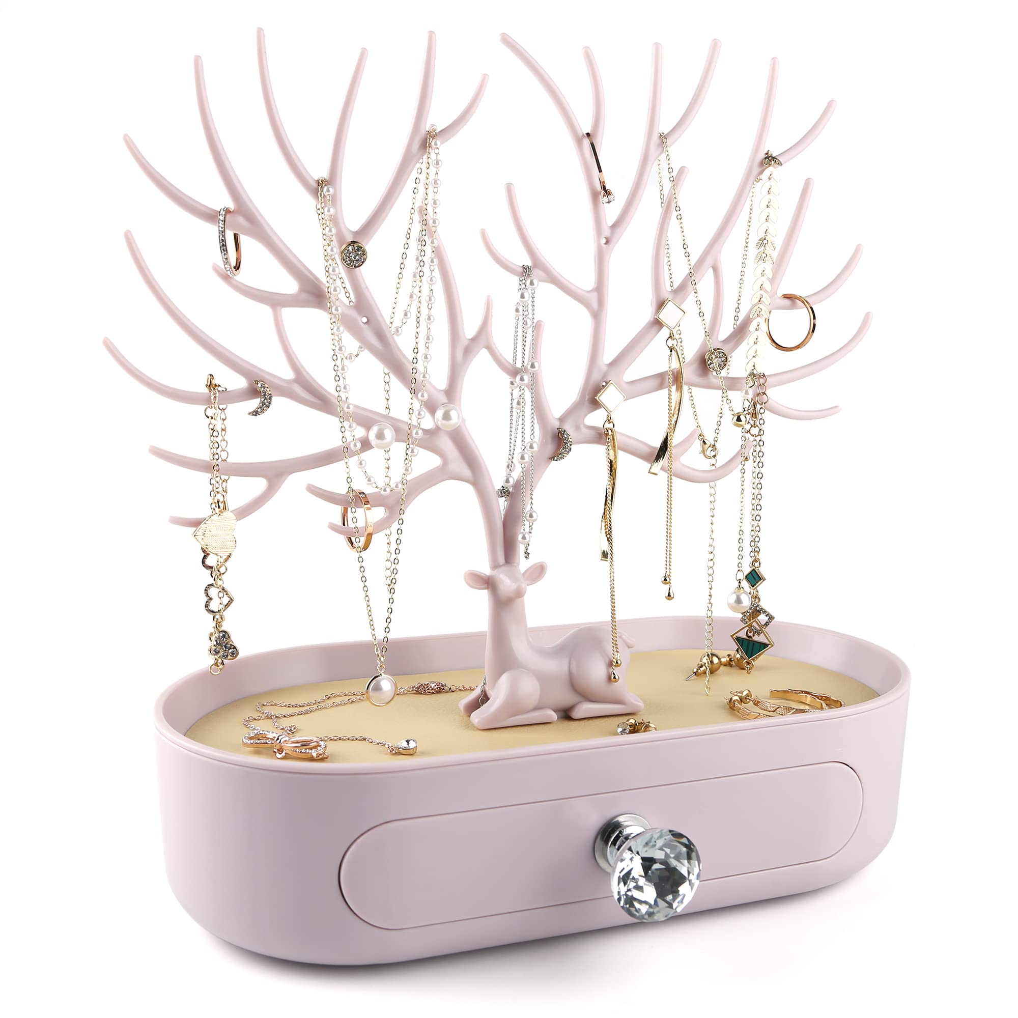MORE&LESS Antlers Jewelry Display Stand with Drawer and Crystal Handle, Tree Tower Rack Hanging Organizer for Ring Earrings Necklace Bracelet