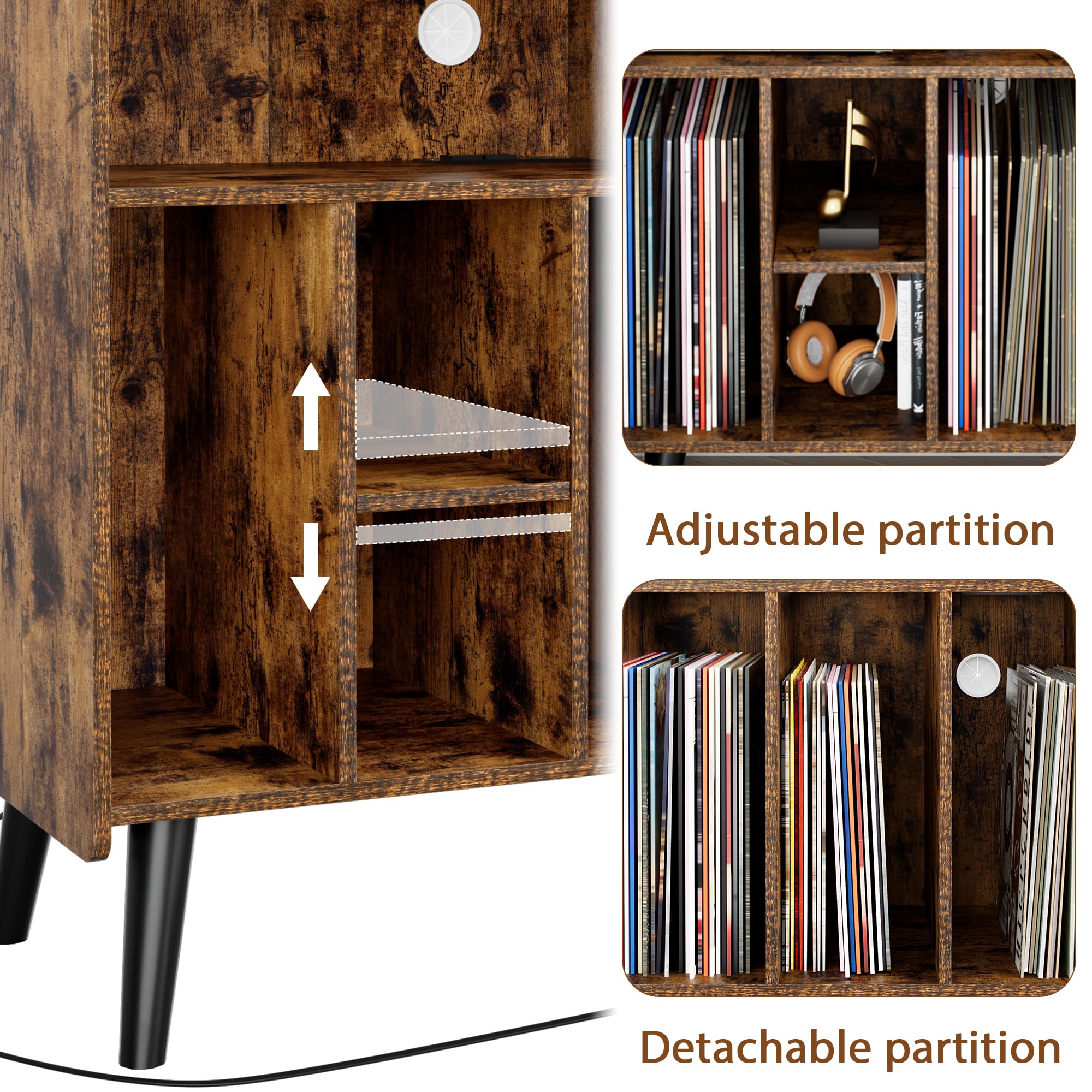 miadore Record Player Stand, Vinyl Records Storage Cabinet Display Shelf with Power Outlet, Turntable Stand Mid-Century Record Player Table with Wood Legs for Living Room,Bedroom,Office