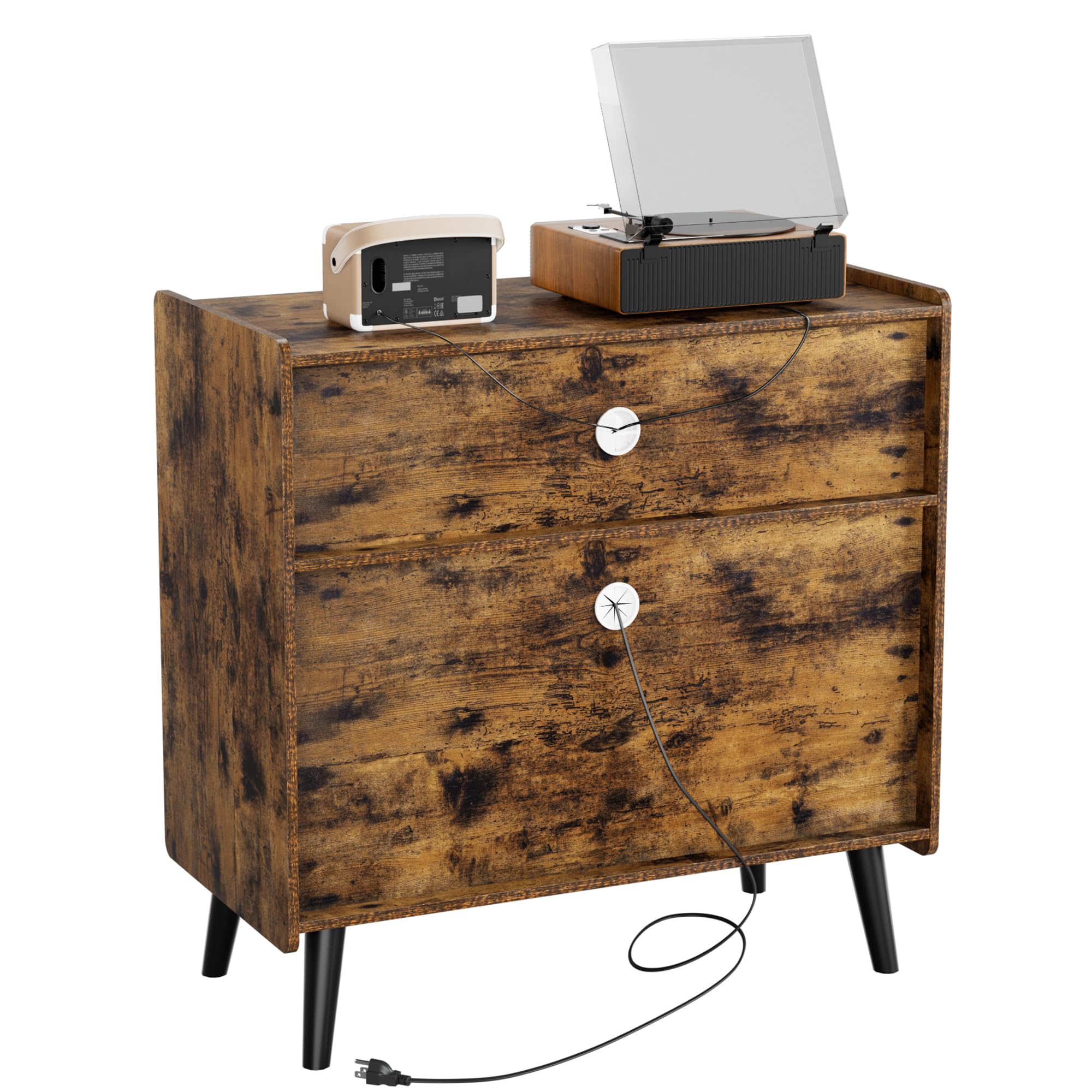 miadore Record Player Stand, Vinyl Records Storage Cabinet Display Shelf with Power Outlet, Turntable Stand Mid-Century Record Player Table with Wood Legs for Living Room,Bedroom,Office