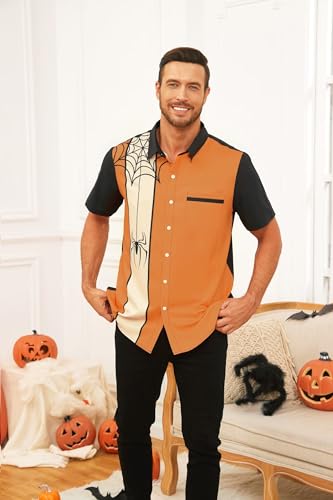 Funny Halloween Shirts for Men Adult Scary Button Up Halloween Bowling Shirts