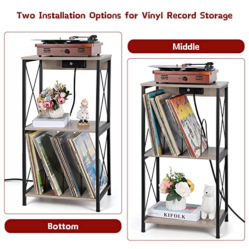YBING Record Player Stand 3-Tier Turntable Stand with Record Storage End Table with Charging Station Vinyl Record Storage Stand with Divider Nightstand for Living Room Bedroom Office, Oak