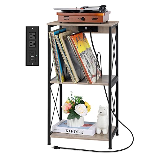 YBING Record Player Stand 3-Tier Turntable Stand with Record Storage End Table with Charging Station Vinyl Record Storage Stand with Divider Nightstand for Living Room Bedroom Office, Oak