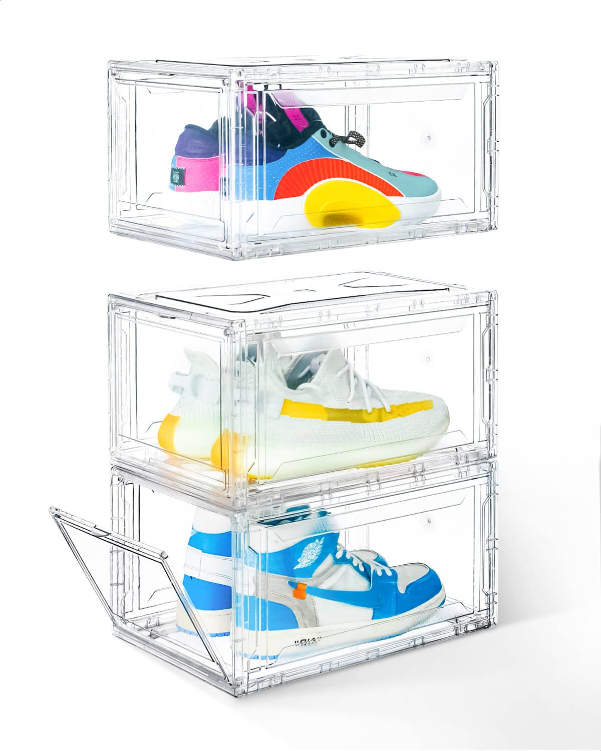 KDOR Shoe Boxes Clear Plastic Stackable 3 Pack Shoe Storage for Sneakerheads, Magnetic Door, Strong and Block of UV Protect your Shoes