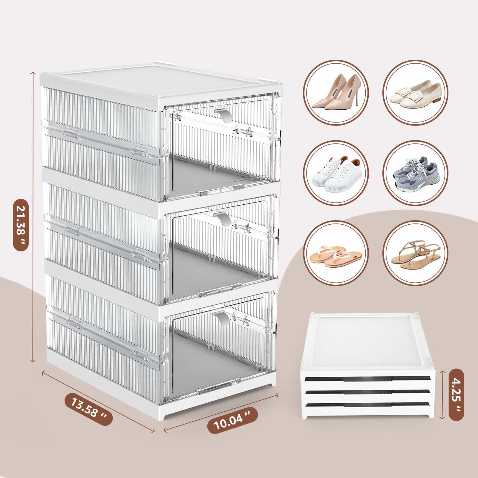 BoxLegend Shoe Storage, Shoe Boxes 3 Tiers Foldable Shoe Storage Boxes Space-saving Clear Sneaker Boxes Stackable Installation-free