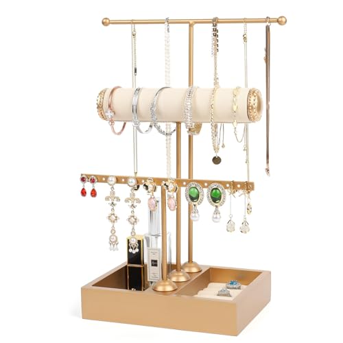 MingsunTan Jewelry Holder Organizer Jewelry Stand, Jewelry Organizer 3 Tier Jewelry Holder, Jewelry Display Rack Tree Jewelry Tower for Earring Bracelet Ring Necklace (Gold)