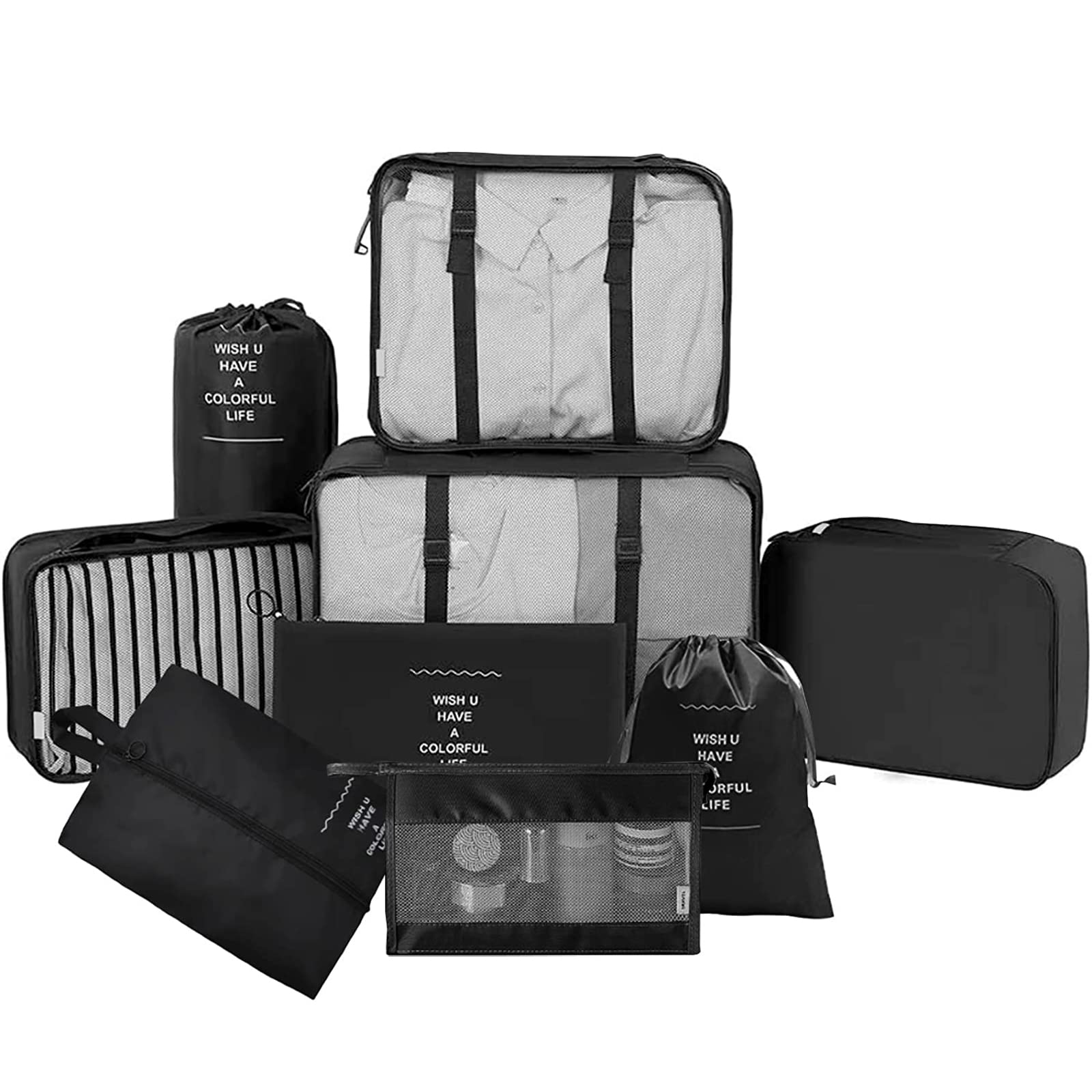 HOMLYNN 9Pcs Packing Cubes for Suitcase, Multifunction Waterproof Travel Organizer Storage Bags, Cosmetic Bag Packing Box, Shoe Bag, USB Cable Bag (Black)